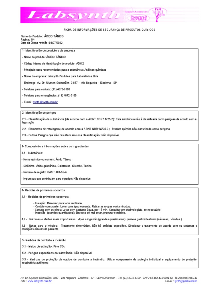 Ficha de Informações de Segurança de Produtos Químicos: Ácido Tânico ...