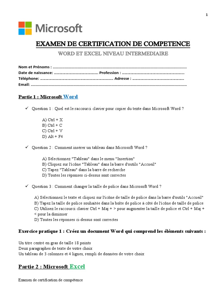 Examen Certification Word et Excel | PDF | Microsoft Excel | Microsoft Word