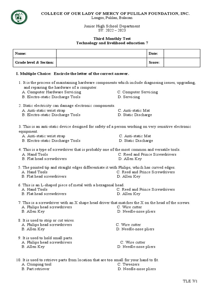 Junior High School Third Monthly Test in Technology and Livelihood ...