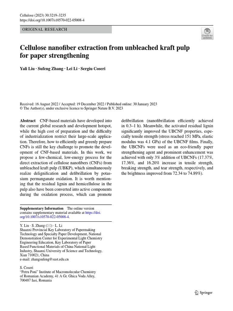Cellulose Nanofiber Extraction From Unbleached Kraft Pulp For Paper ...