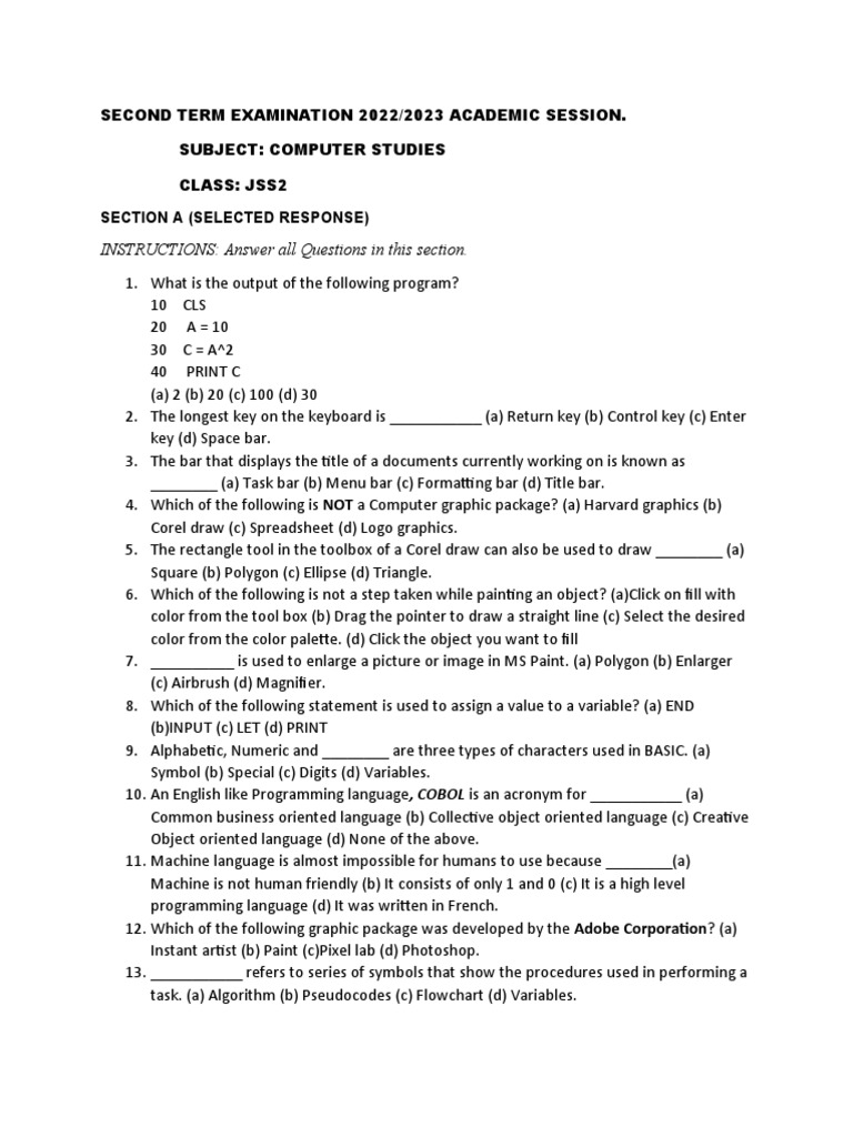 INSTRUCTIONS: Answer All Questions in This Section.: Section A ...