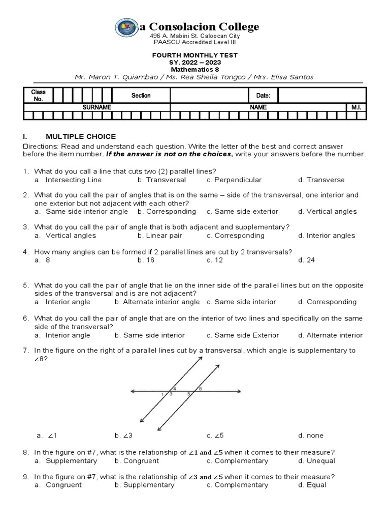 La Consolacion College Mathematics 8 Test on Angle Relationships Formed ...