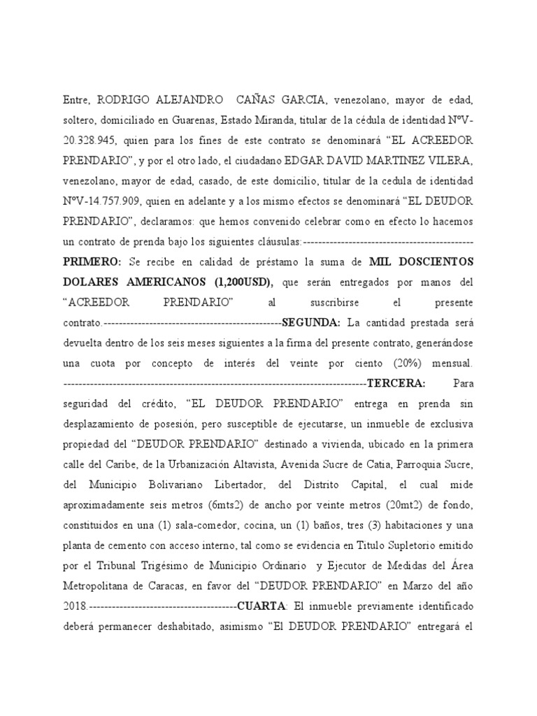 Contrato de Prenda entre Acreedor y Deudor | PDF | Pagos | Derecho privado