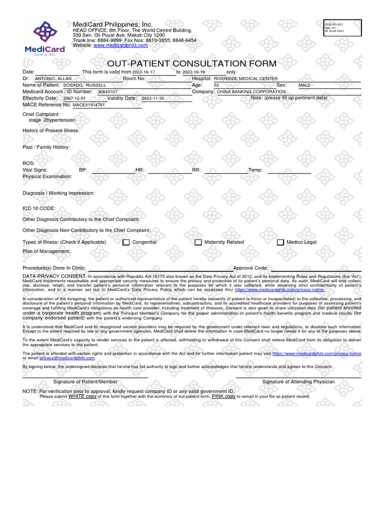 Stage 2 Hypertension: Out-Patient Consultation Form for Russell Dosado ...