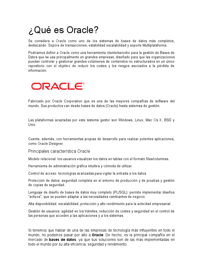 QUE ES ORACLE EN SISTEMAS | PDF | Bases de datos | Oracle Corporation