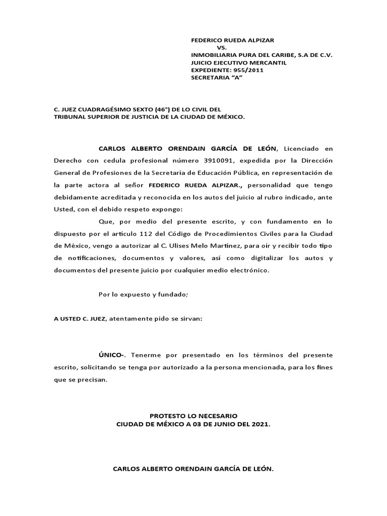 Escrito de Autorizacion Federico Rueda Juzgado 46 | PDF