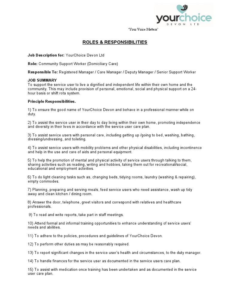 Community Support Worker Job Description | PDF | Health Care | Social ...