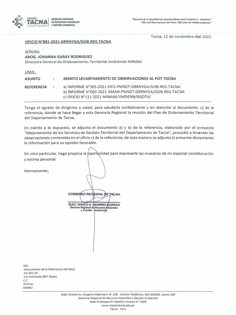Tacha: Ofi Cio N°881-2021-G Rrnyga/Gob. Reg. Tacna | PDF