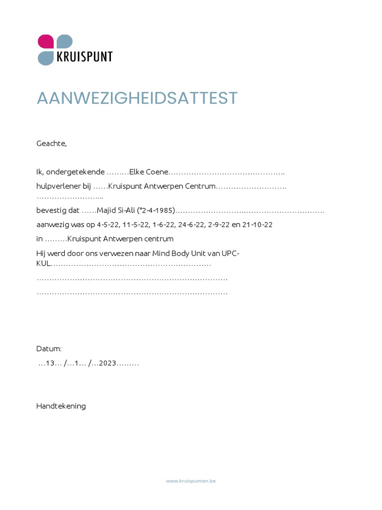Aanwezigheidsattest: WWW - Kruispunten.be | PDF