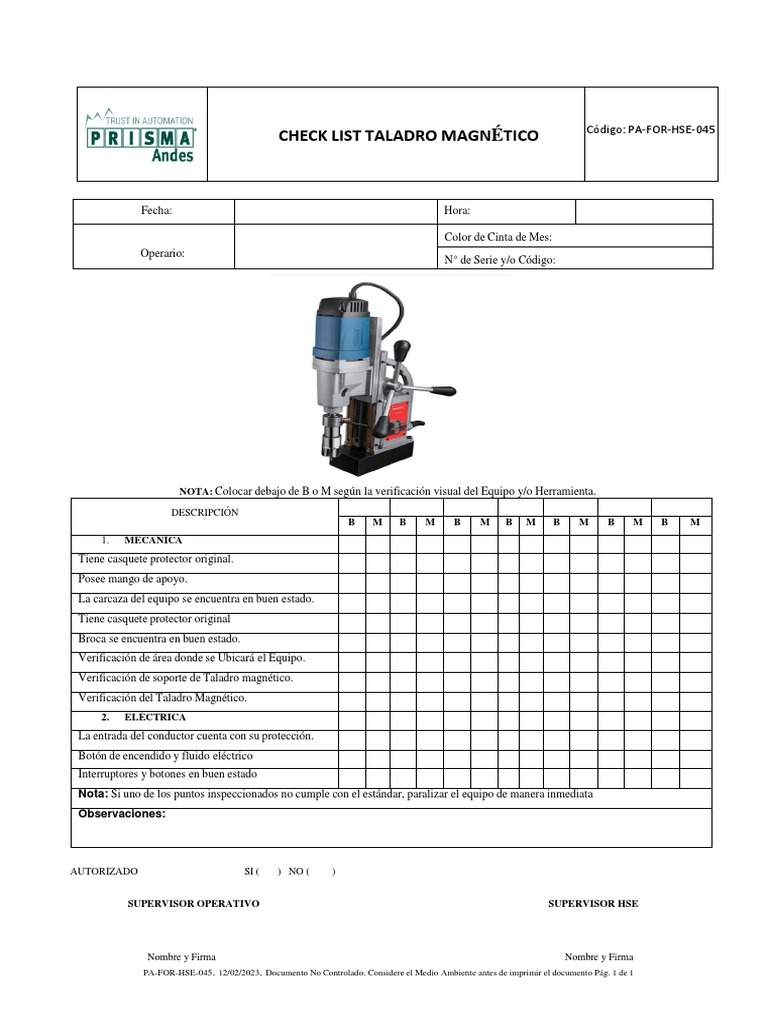 PA-FOR-HSE-045. CHECK LIST TALADRO MAGNÉTICO | PDF