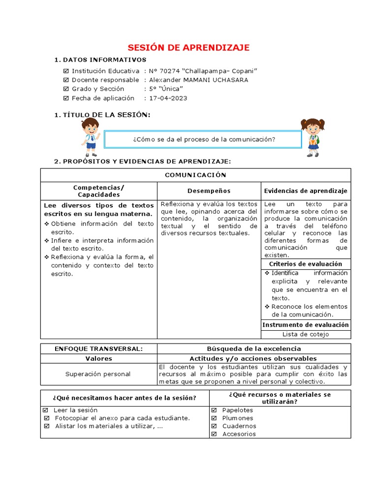 SESIÓN DE APRENDIZAJE Proceso de La Comunicación | PDF | Comunicación | Aprendizaje