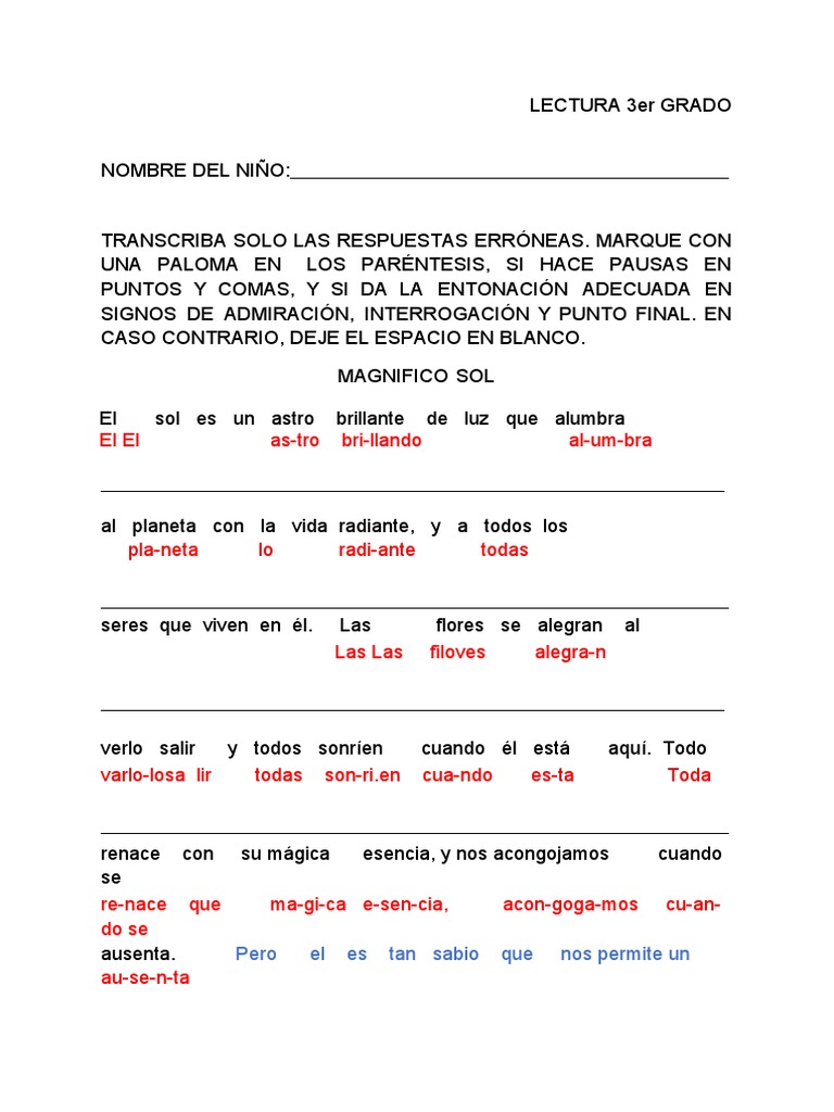 Errores de Lectura 3er Grado | PDF