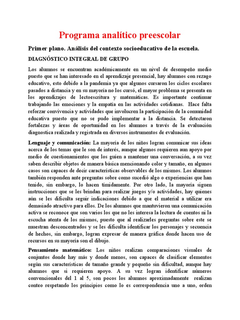 Programa Analitico Preescolar Propuesta Actualizada | PDF | Aprendizaje | Evaluación
