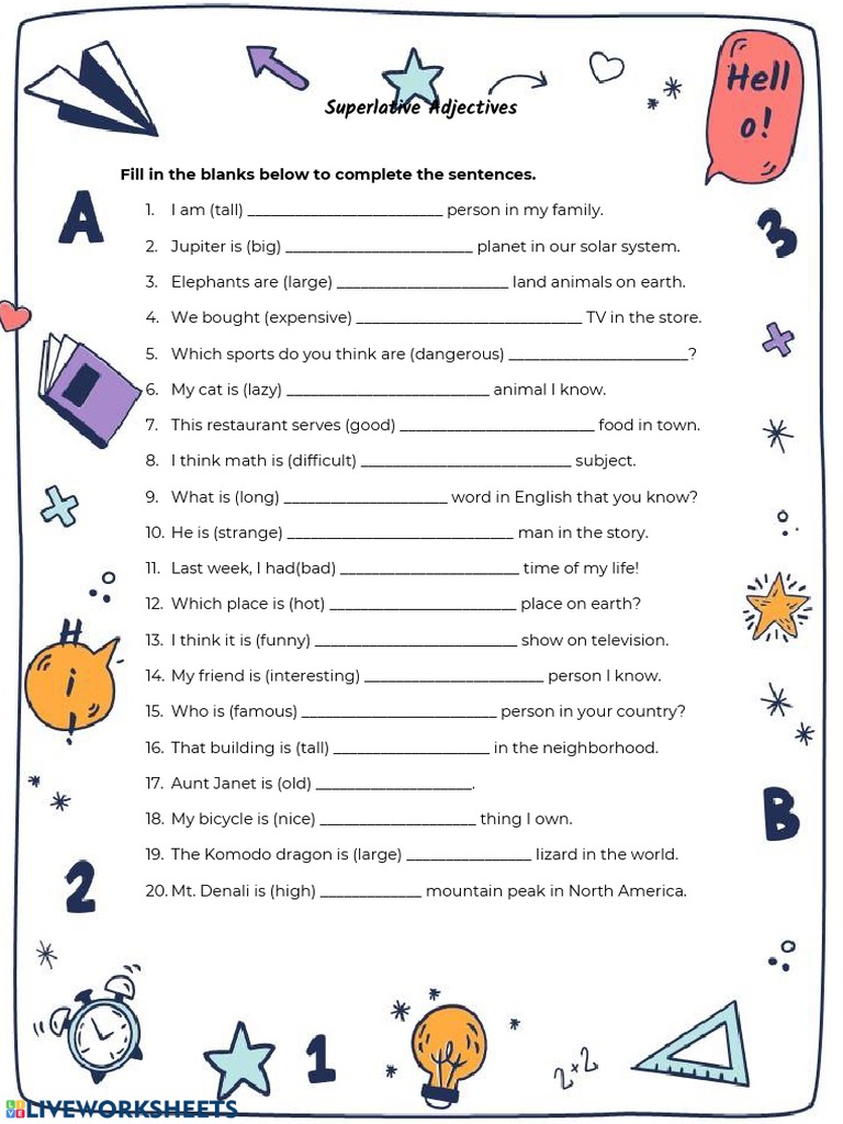 Superlative Adjectives: Fill in The Blanks Below To Complete The ...