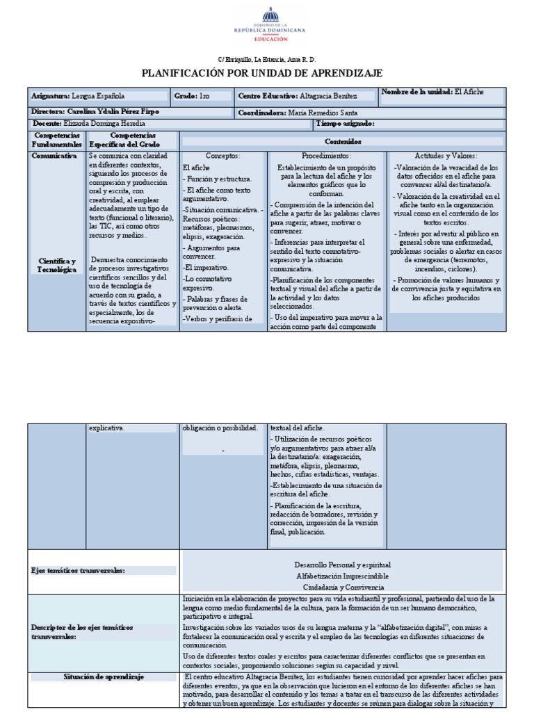 Planificación Por Unidad de Aprendizaje: C/ Enriquillo, La Estancia, Azua R. D | PDF ...