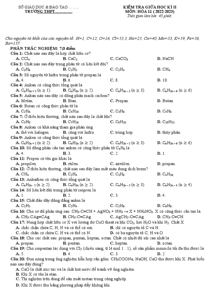 Cho nguyên tử khối của các nguyên tố: H=1, C=12, O=16, Cl=35,5, Na=23 ...