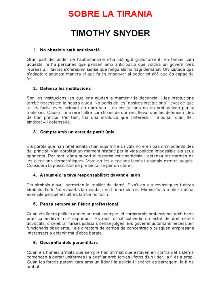 Sobre La Tirania. Timothy Snyder | PDF
