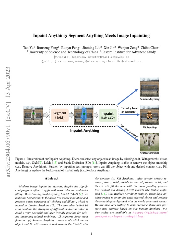 Inpaint Anything: Segment Anything Meets Image Inpainting | PDF | Usability | Image Segmentation