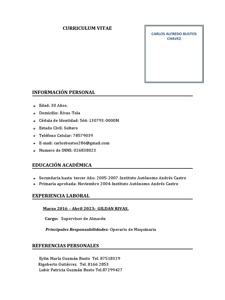 Curriculum Vitae: Marzo 2016 - Abril 2023: GILDAN RIVAS. Cargo: Supérvisor Dé Almacéñ | PDF