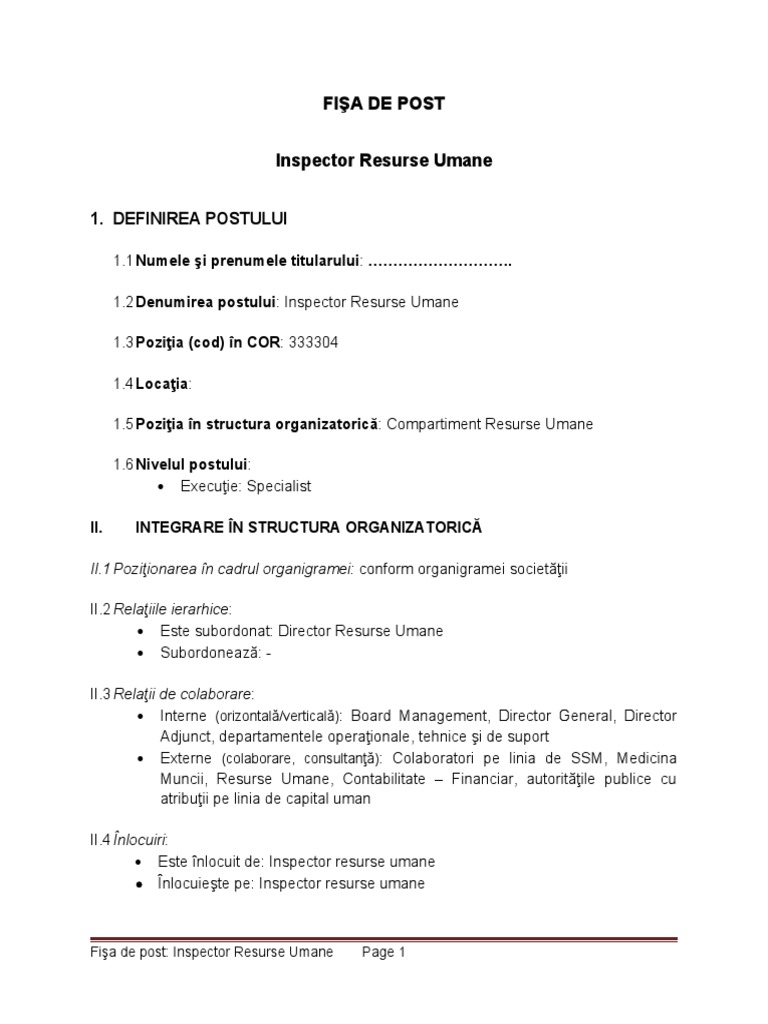 Fisa Postului - Inspector Resurse Umane | PDF