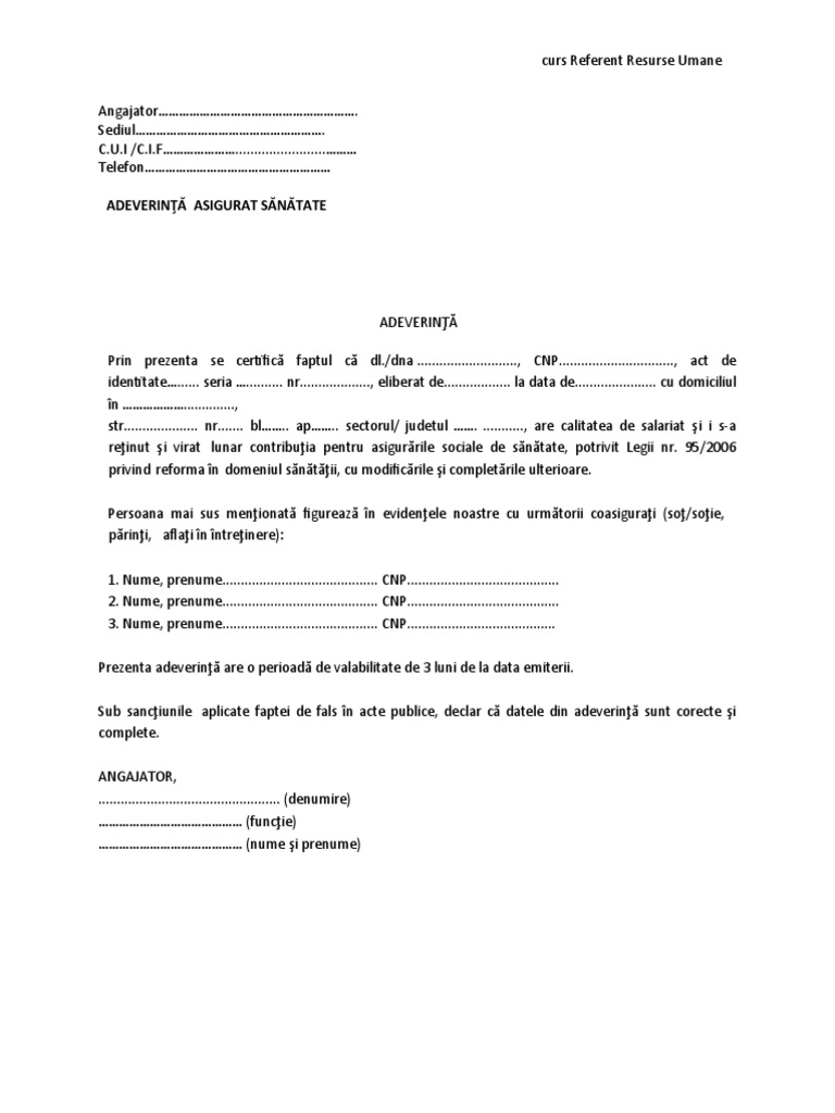 Adeverinta Asigurat Sanatate | PDF