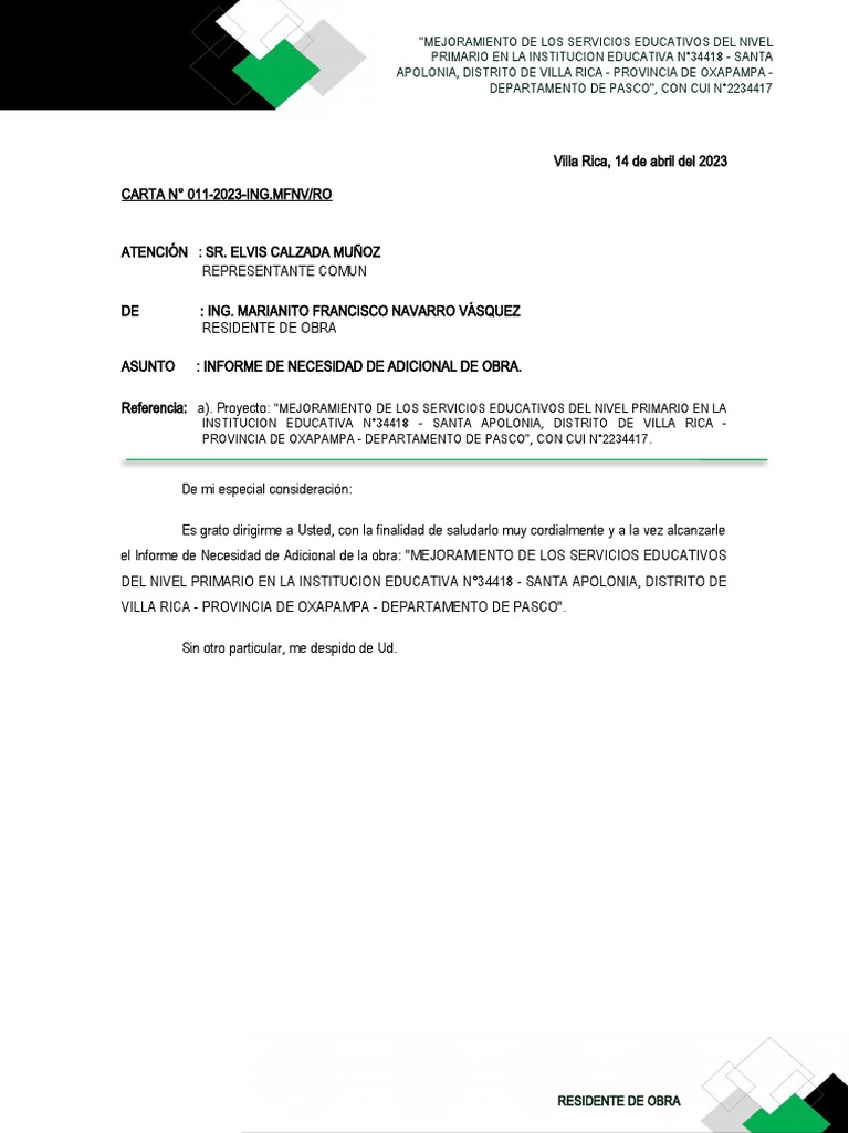 Informe de Necesidad de Adicional de Obra | PDF