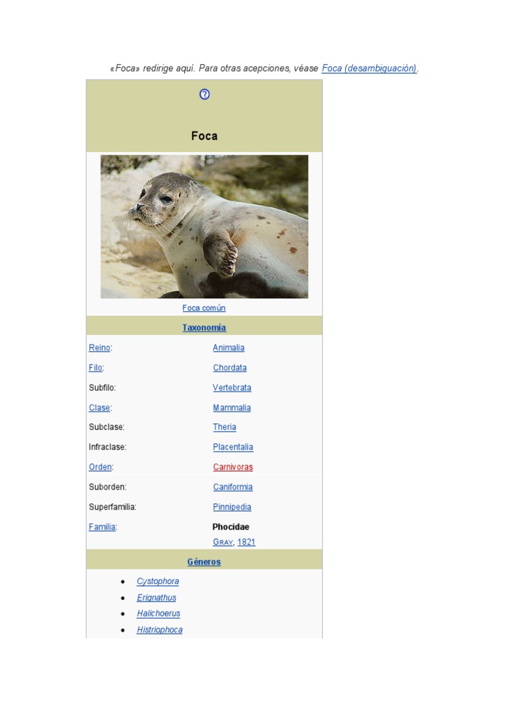 Focas: Taxonomía y Características | PDF