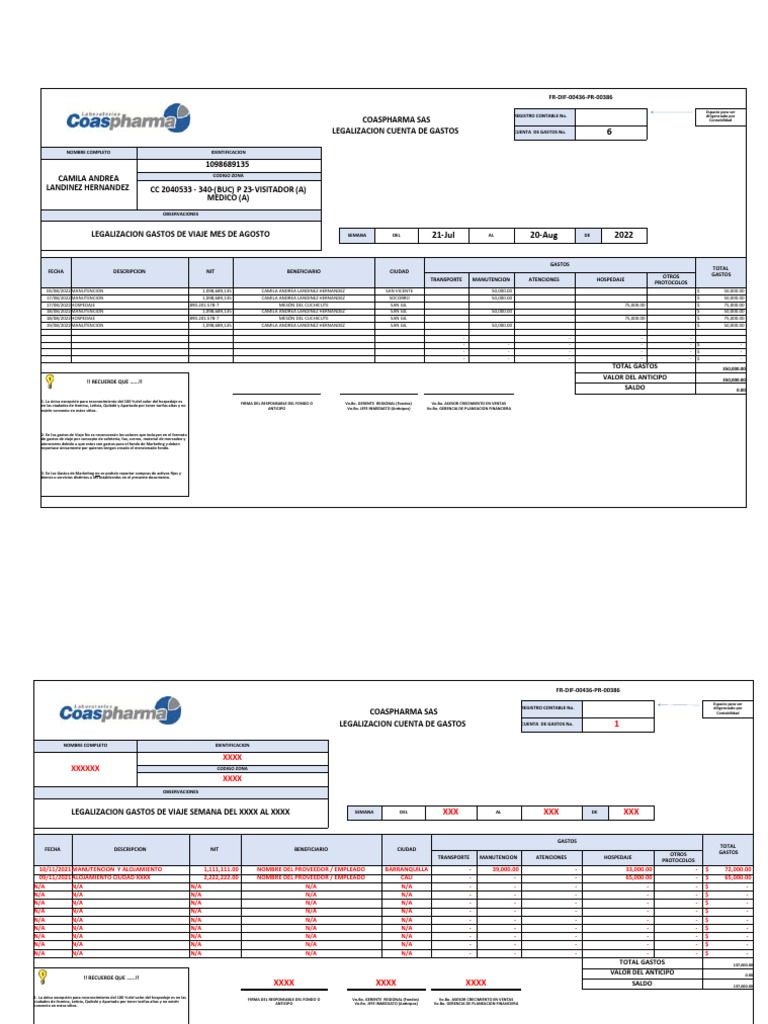 Coaspharma Sas Legalizacion Cuenta de Gastos: 21-Jul 20-Aug 2022 | PDF ...