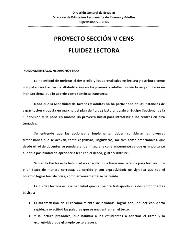 Fluidez Lectora - Sección V Cens | PDF | Artes del Lenguaje y Comunicación