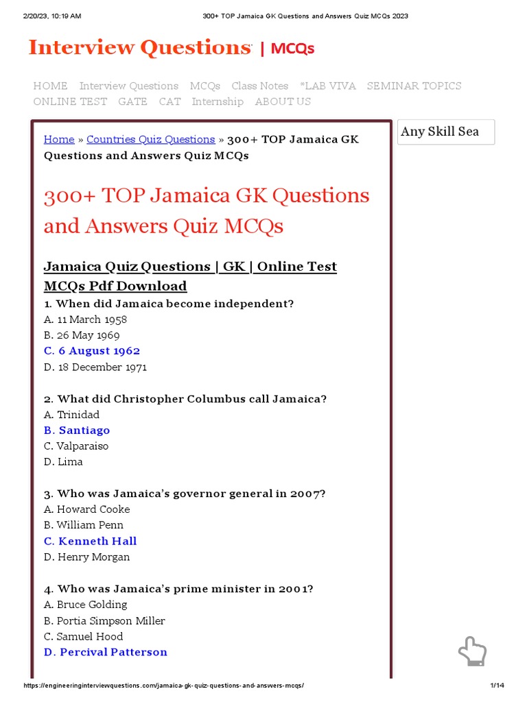 300+ TOP Jamaica GK Questions and Answers Quiz MCQs 2023 | PDF | Jamaica