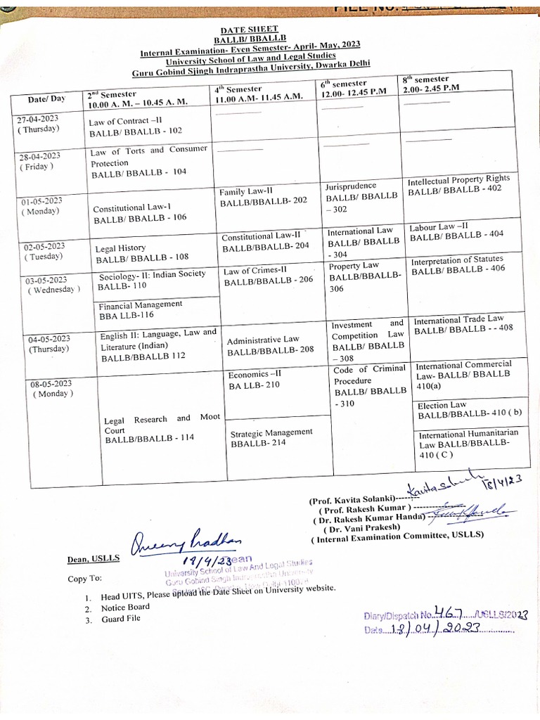 Date Sheet of Internal Examination - Even Semester April - May 2023 BALLB & BBA LLB, USLLS | PDF