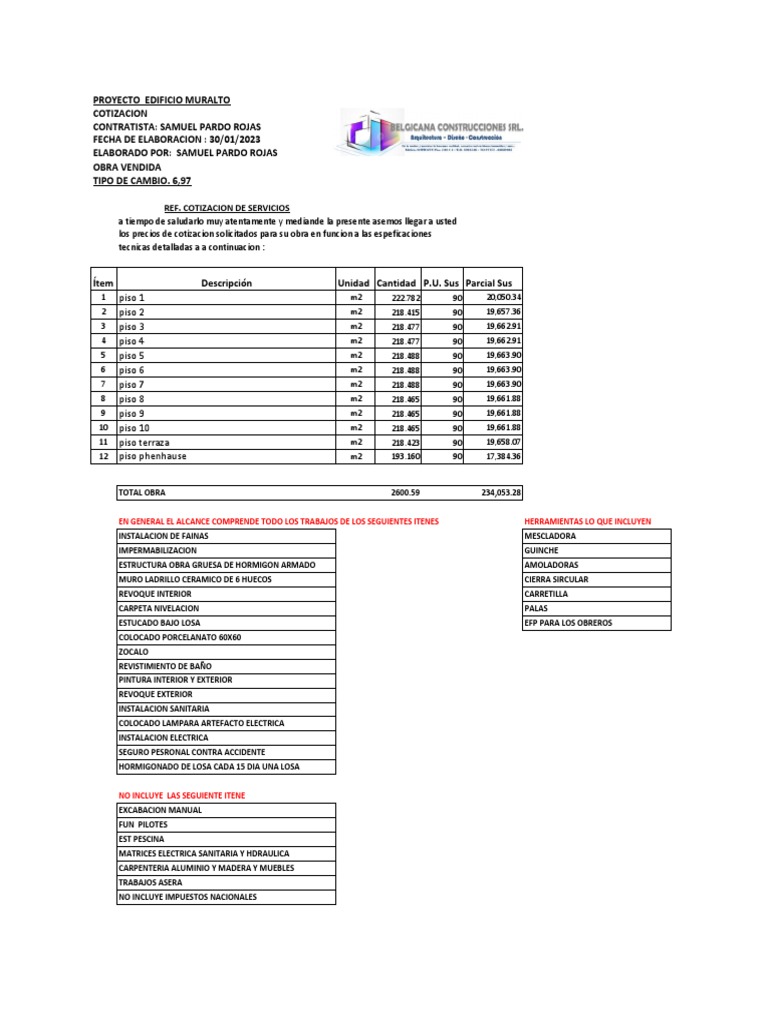 Cotizacion Edificio Muralto | PDF | Ingeniería de Edificación | Materiales de construcción