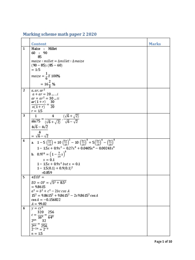 Mathematics Paper 2 Marking Scheme KCSE 2020 Teacher - Ac | PDF
