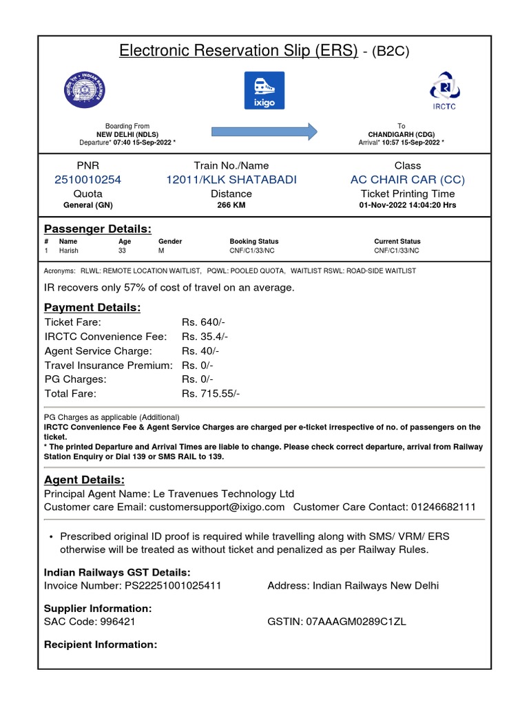 Electronic Reservation Slip (ERS) : 2510010254 12011/Klk Shatabadi Ac ...