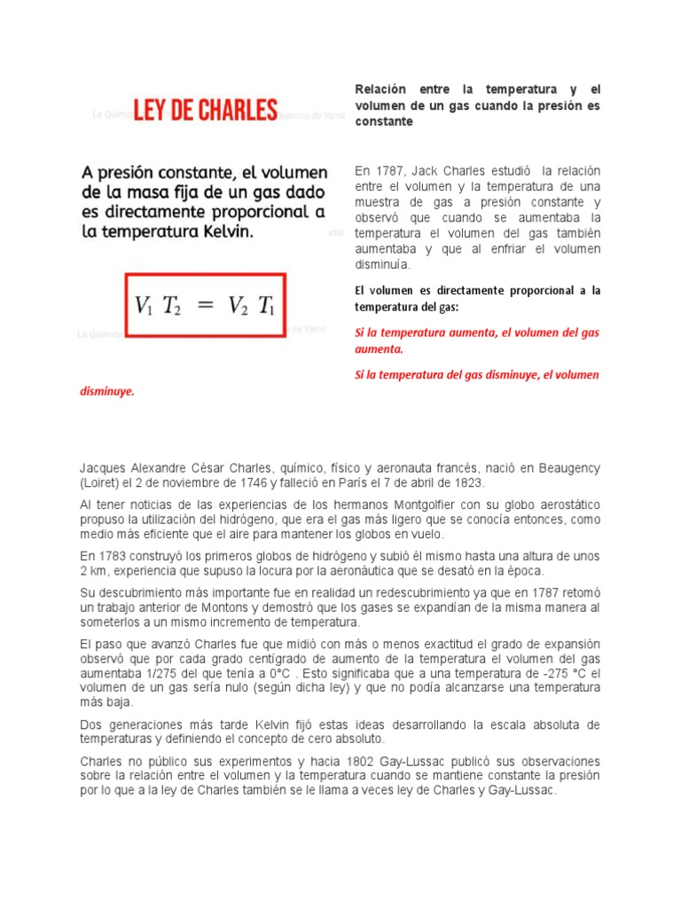Relación Entre La Temperatura y El Volumen de Un Gas Cuando La Presión Es Constante | PDF ...