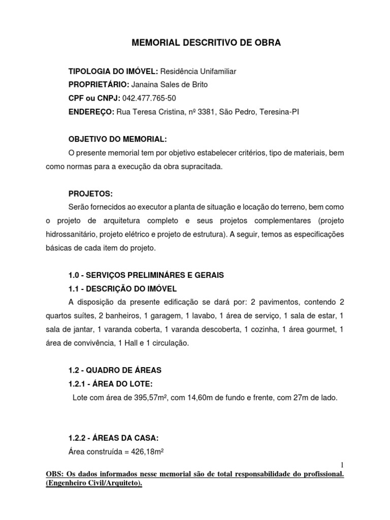 Memorial Descritivo de Obra | PDF | Engenharia Civil | Engenharia