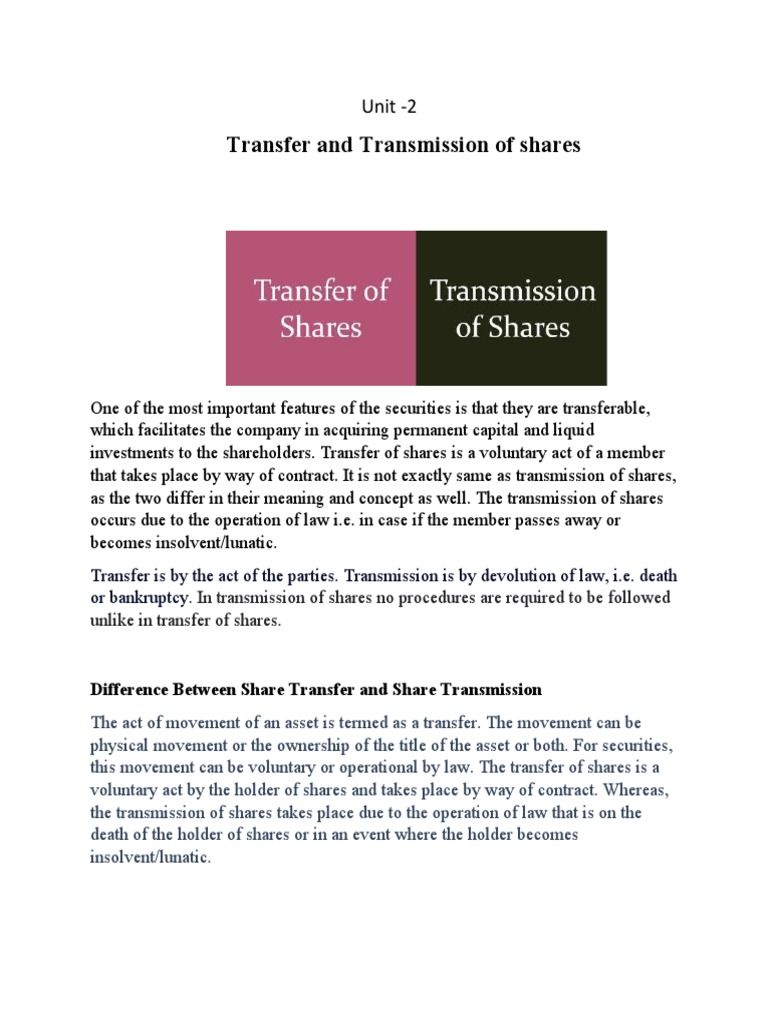 Transfer vs. Transmission of Shares | PDF | Consideration | Securities ...