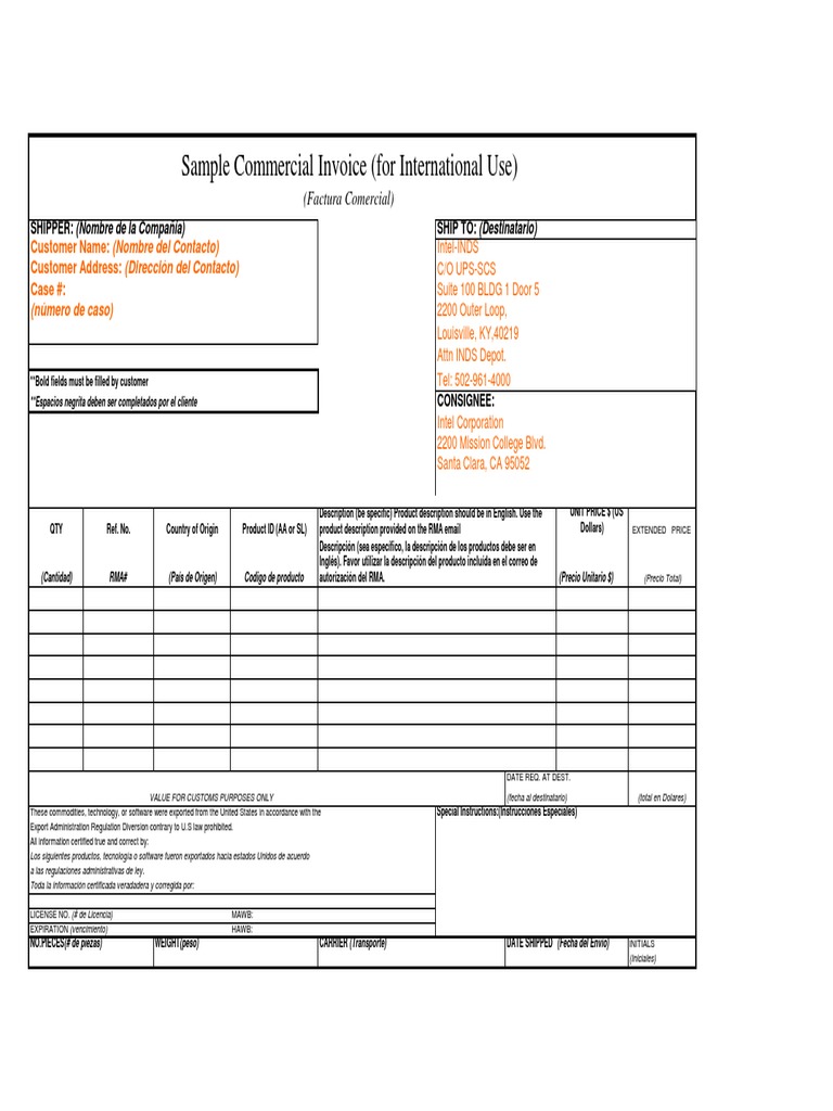 Sample Commercial Invoice (For International Use) : (Factura Comercial ...