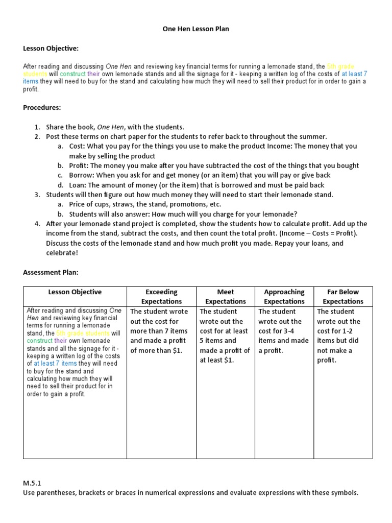 One Hen Lesson Plan | PDF