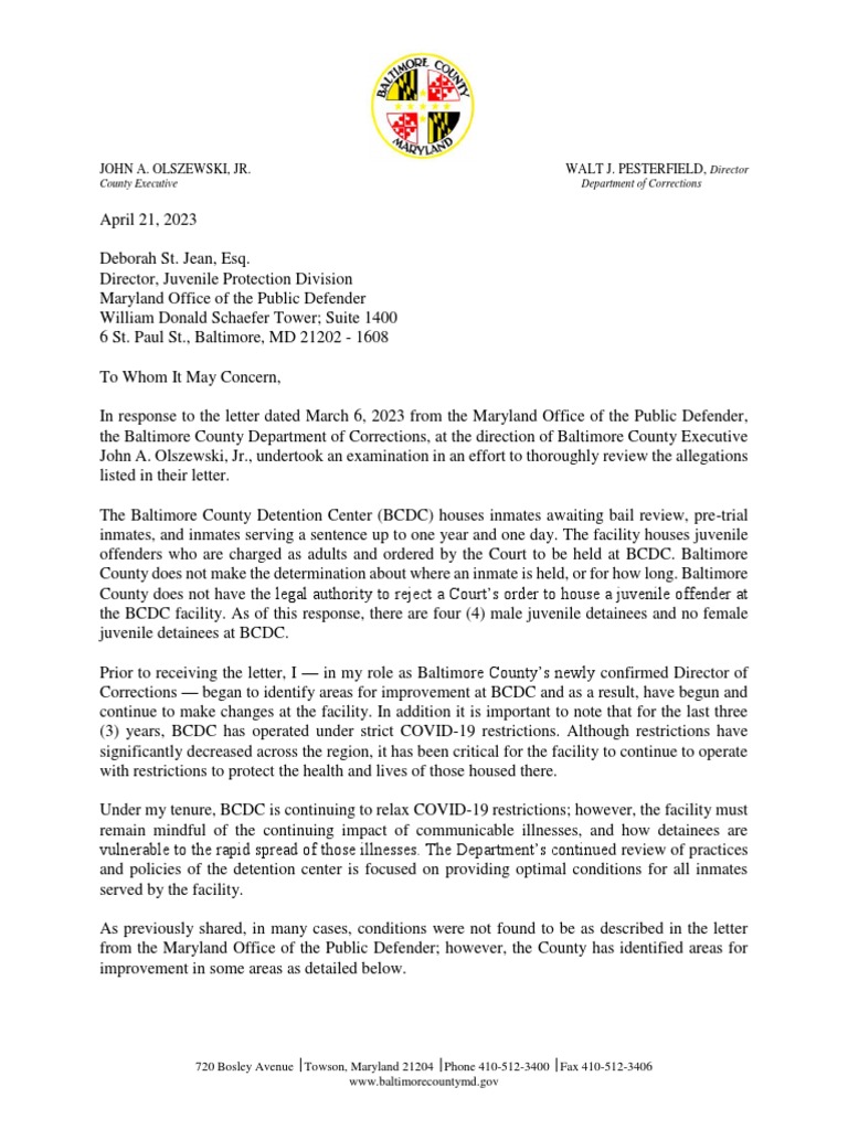 4.21.23 Letter OPD Pesterfield | PDF | Detention (Imprisonment) | Prison