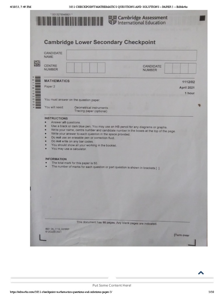 2021 CHECKPOINT MATHEMATICS QUESTIONS AND SOLUTIONS - PAPER 2 - EdMaths ...