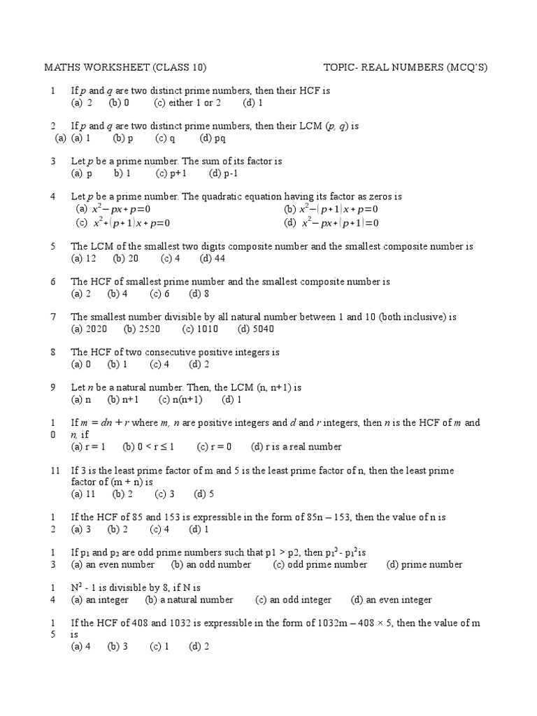 Real Numbers MCQs Class 10 Maths | PDF | Numbers | Prime Number