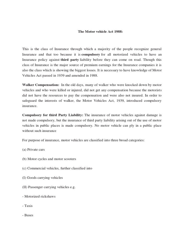 The Motor Vehicle Act 1988 | PDF | Vehicle Insurance | Liability Insurance