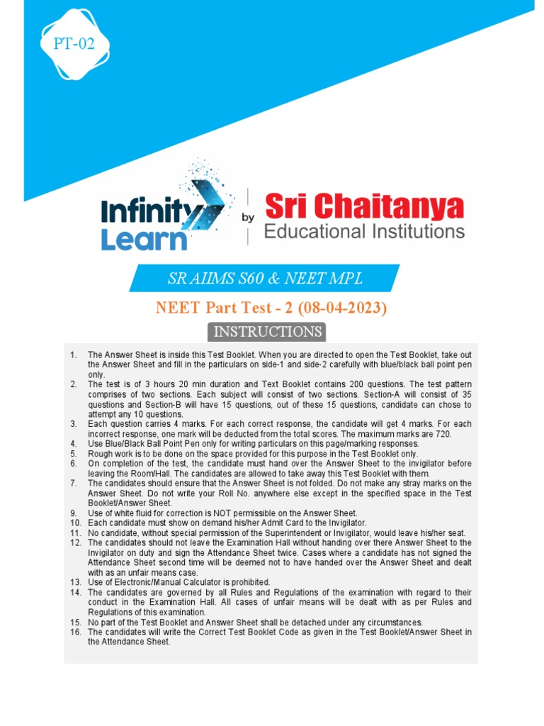 SR Aiims S60 & Neet MPL Neet Part Test - 2 Paper (08-04-2023) | PDF ...