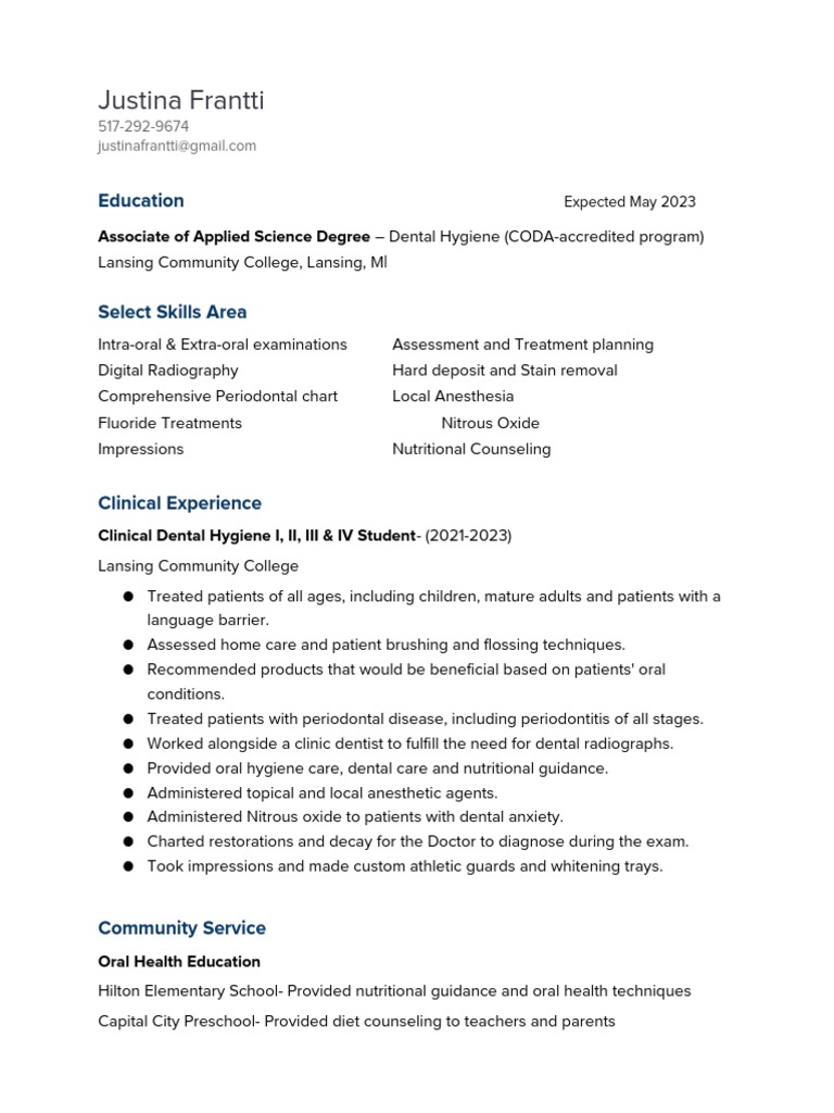 Justina Frantti: Dental Hygiene Resume | PDF