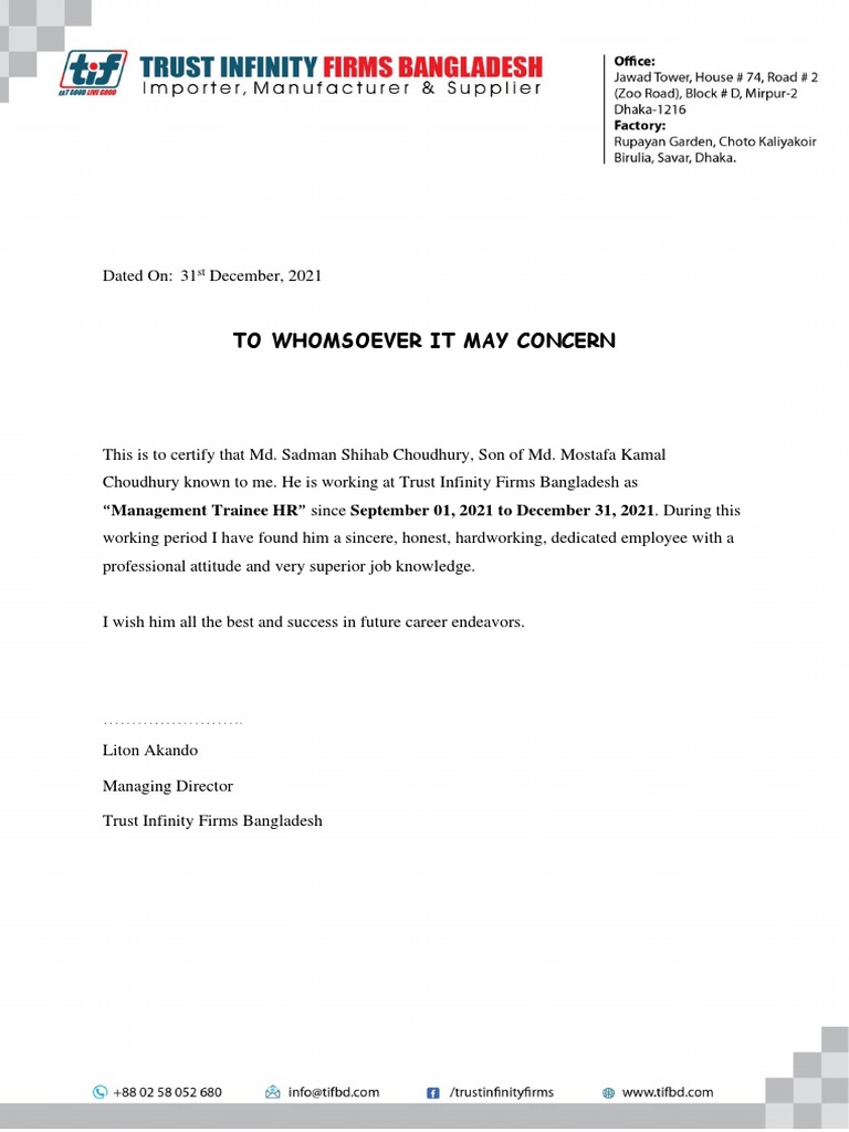 Experience Certificate Trust Infinity Firms BD | PDF