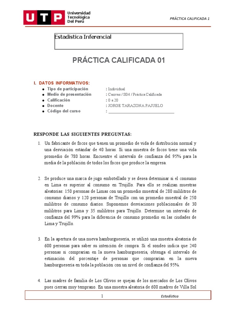 Práctica Calificada 01 - 2023-Esrtudiante | Descargar gratis PDF | Intervalo de confianza ...
