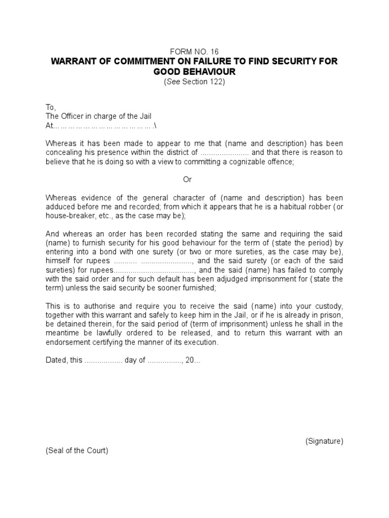 Warrant of Commitment On Failure To Find Security For Good Behaviour | PDF