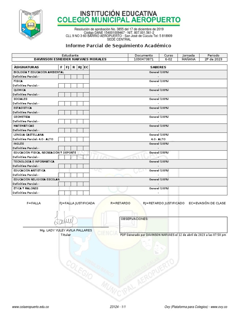 Informe Parcial De Seguimiento Acadmico Pdf Science Ciencias Fisicas
