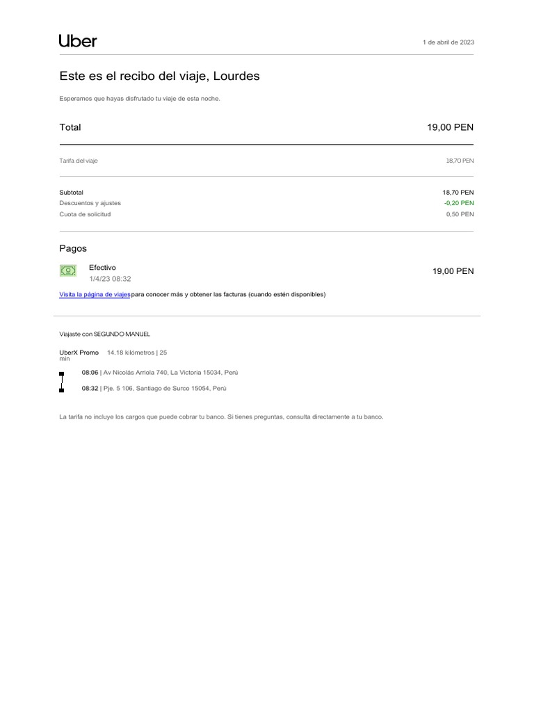 Recibo de viaje de Uber que detalla la tarifa, descuentos, pagos y detalles del viaje | PDF